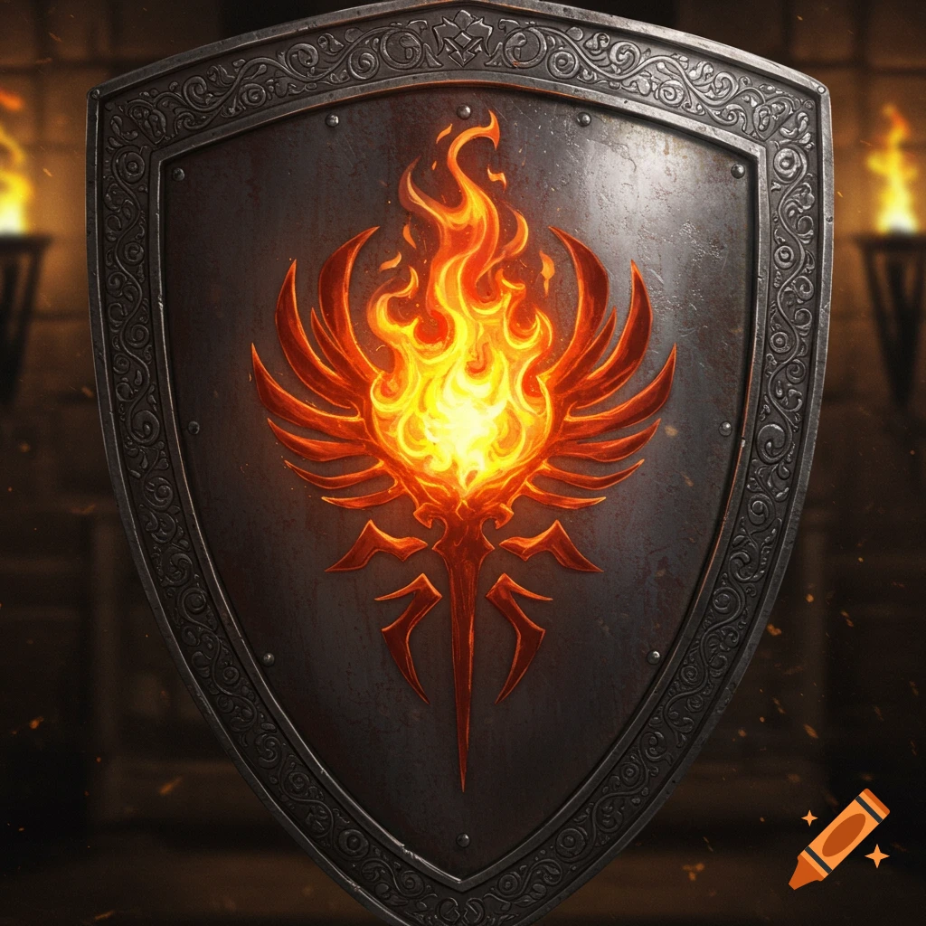 A dark, ornate medieval shield with a glowing golden, stylized 'P' or ...