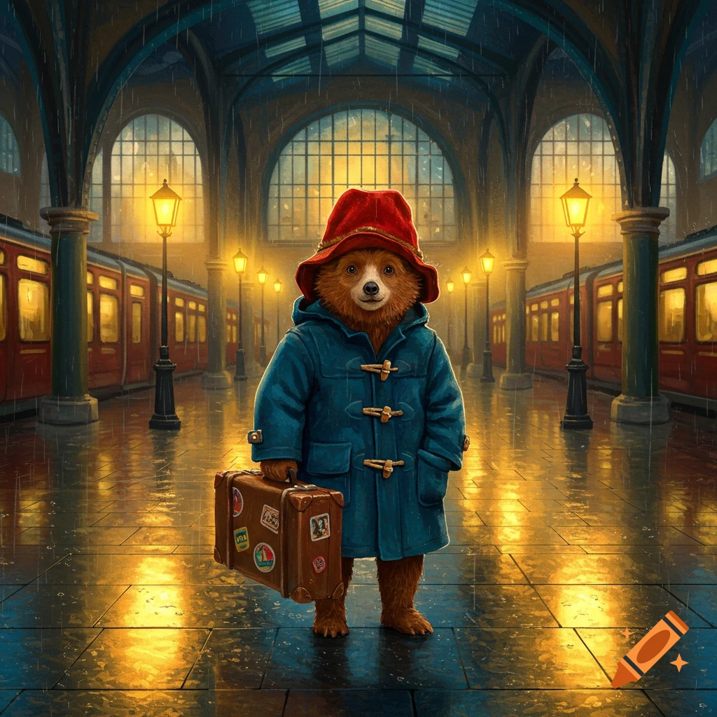 Paddington Bear in a blue coat and red hat stands on a London street ...