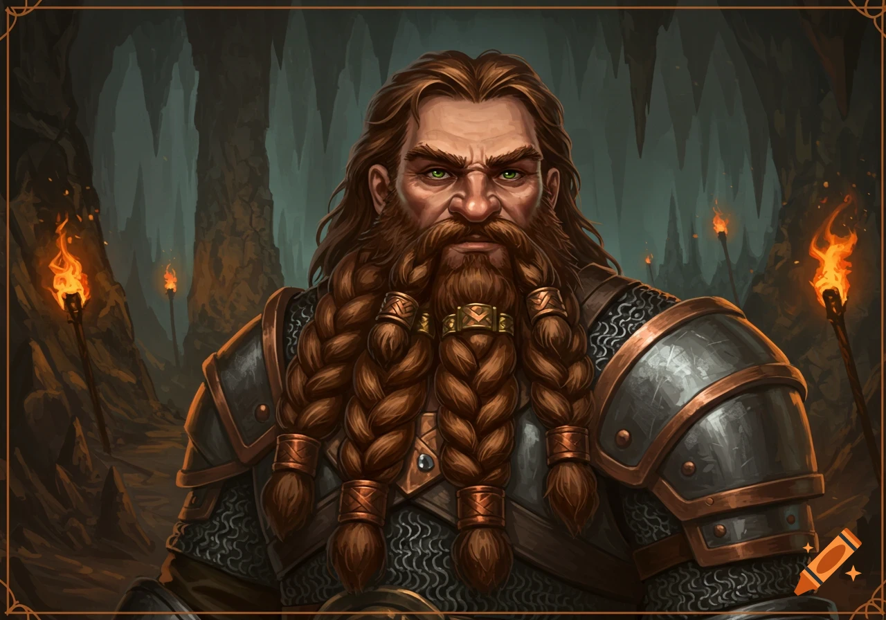 A bearded dwarf in a blue tunic holds a glowing silver pine cone in a ...