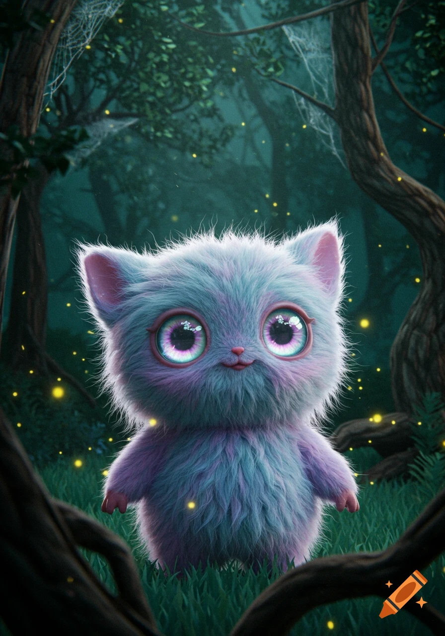 A cute, pink alien cat with large eyes and glowing spots stands on ...