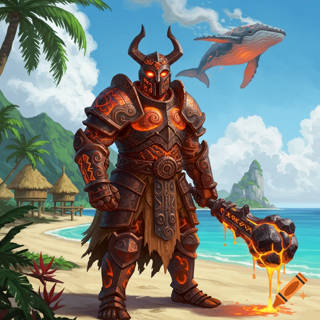 An armored knight with glowing eyes and magma-orange armor stands on a ...