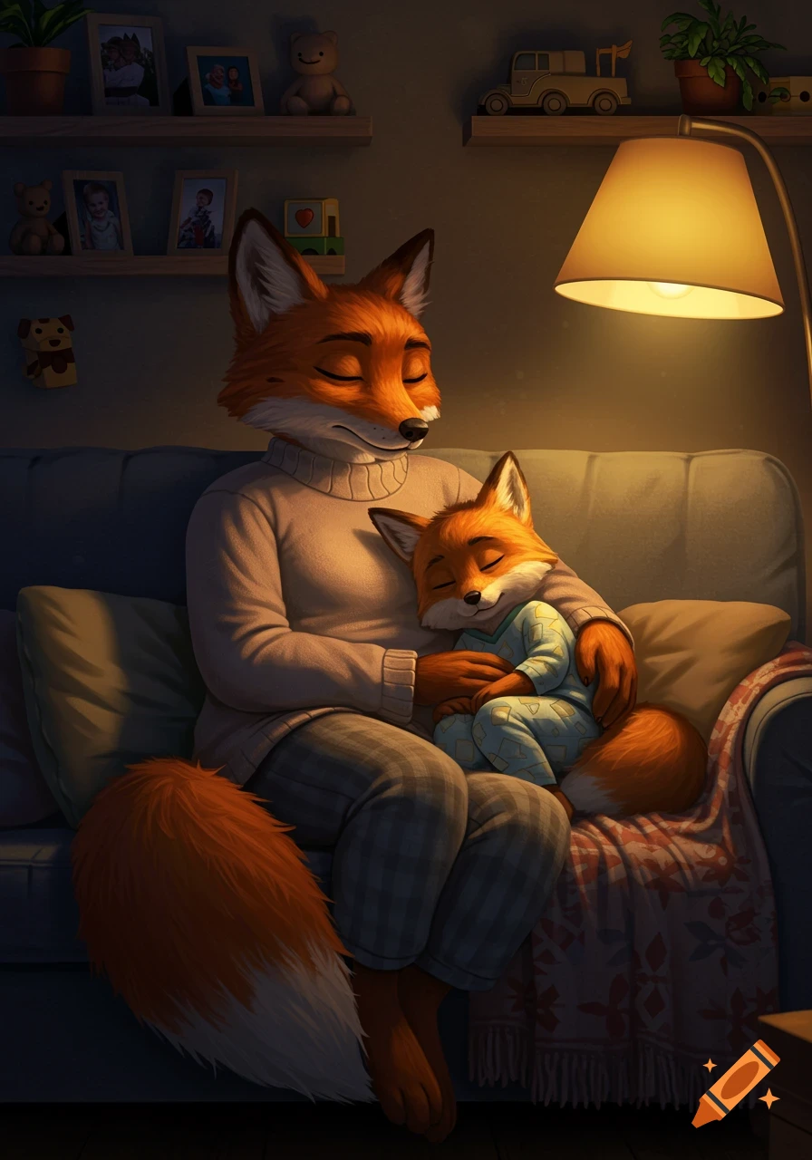 An anthropomorphic adult fox and a cub fox in pajamas sleep soundly on a couch, illuminated by a ...