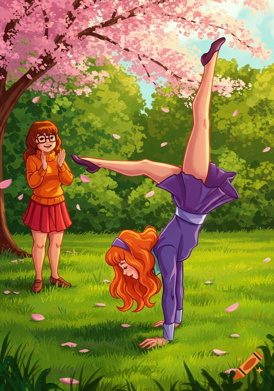 Daphne from Scooby-Doo does a handstand while Velma claps under a ...