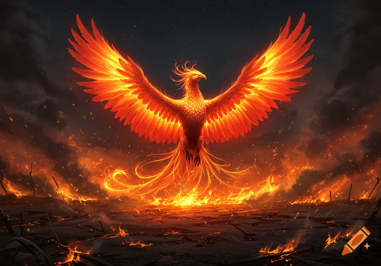 A vibrant blue phoenix with outstretched wings rises from a bed of red ...