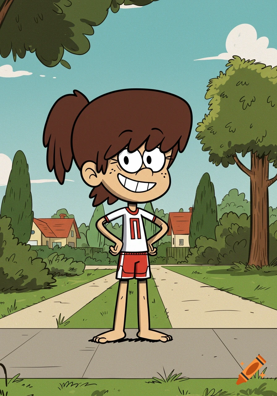 Lynn Loud, a cartoon character, stands barefoot in a sports outfit ...