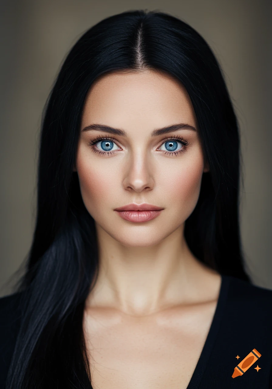 Photorealistic portrait of a woman with long black hair, blue eyes, and ...