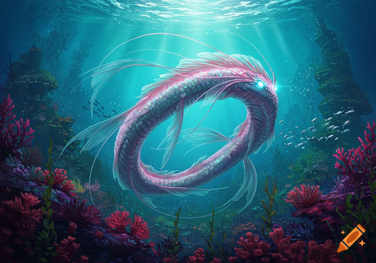 A huge spiral snail shell rests on the sandy ocean floor, surrounded by ...