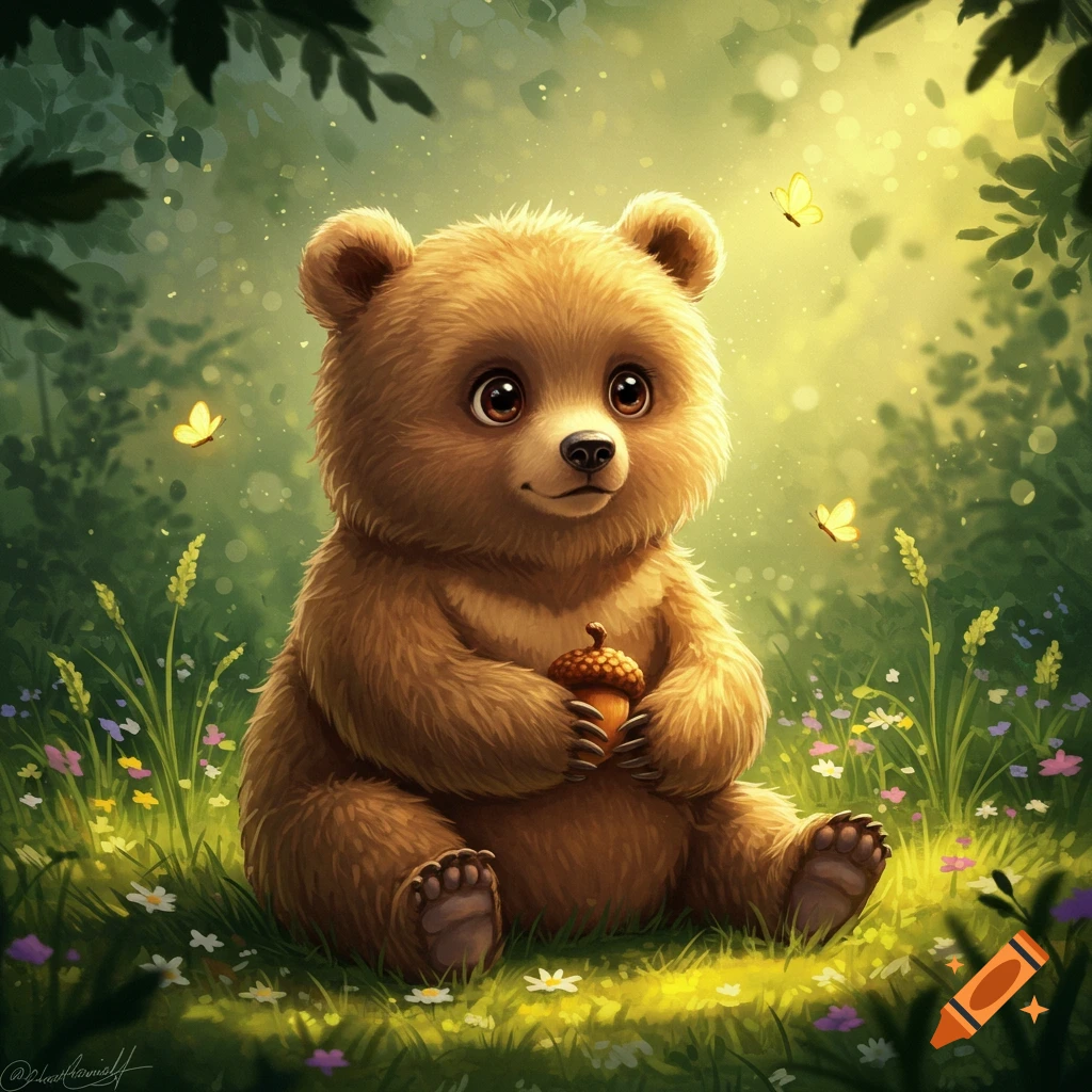 A cute black bear cub sits amidst purple and white flowers in a sunny, whimsical forest clearing ...