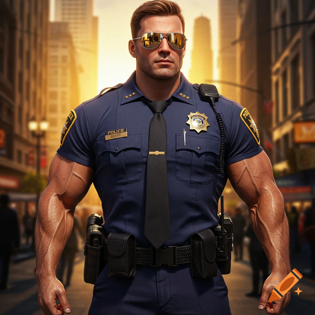 A futuristic police officer in a dark blue uniform, visor, and ...