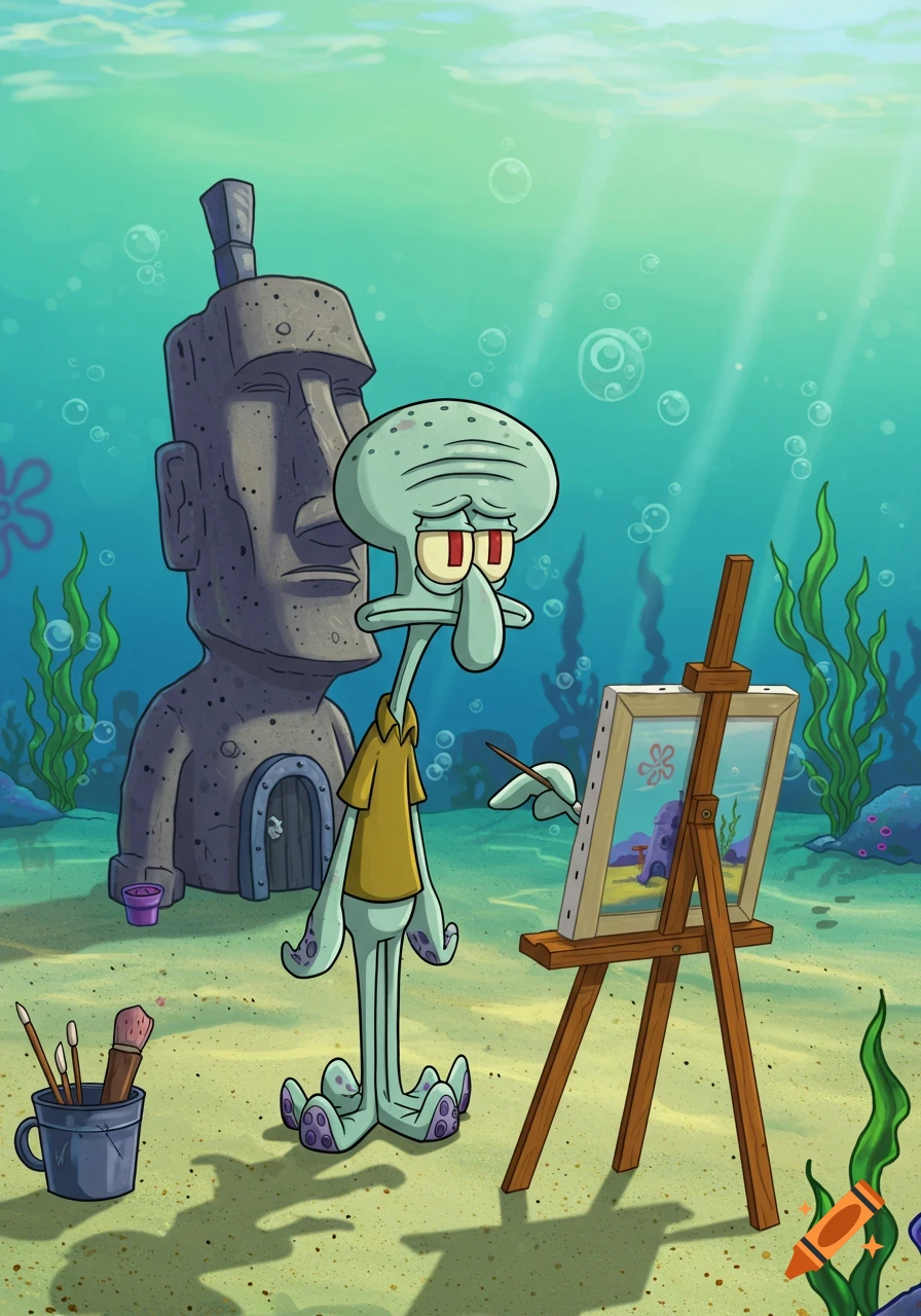Squidward Tentacles with a grumpy expression, standing underwater among ...
