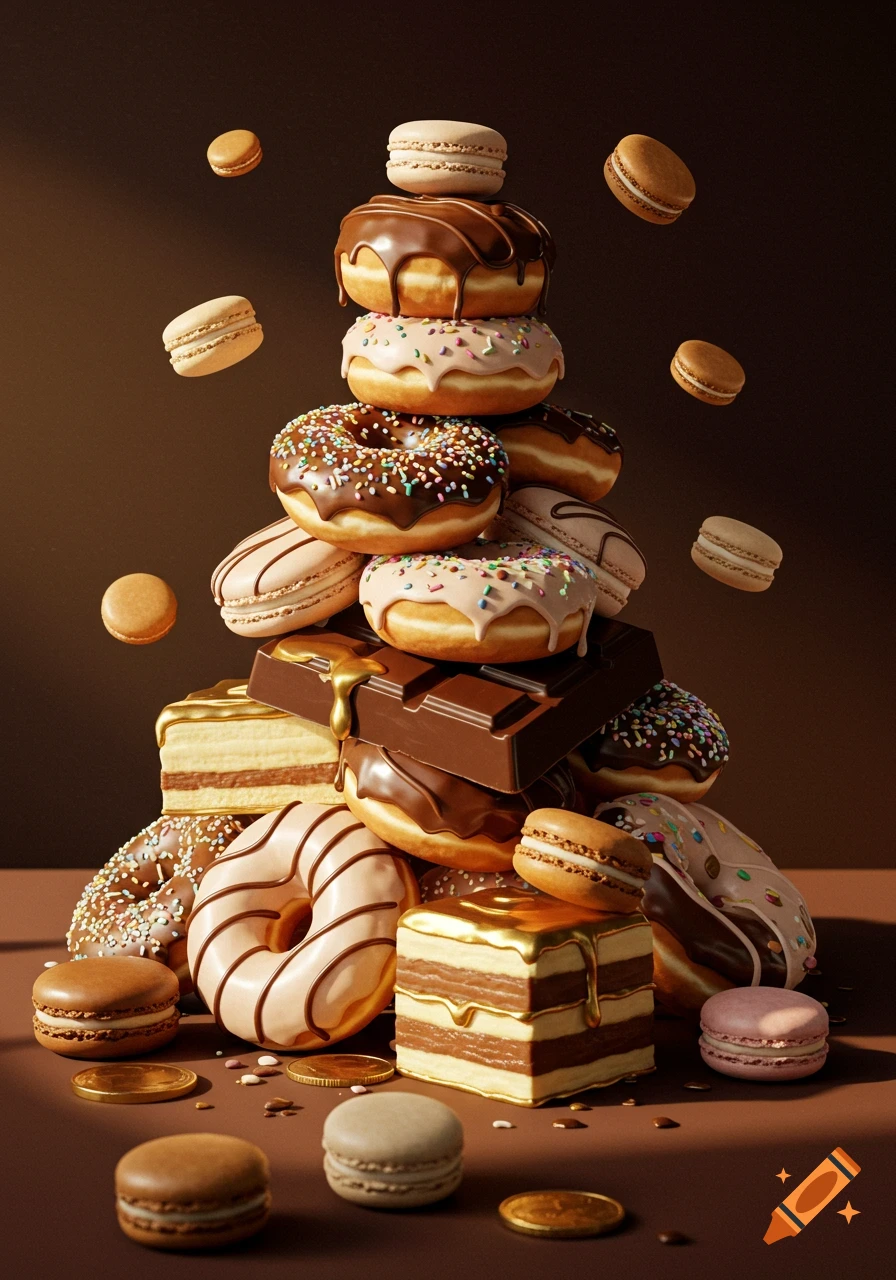 A photorealistic stack of desserts including donuts, macarons ...