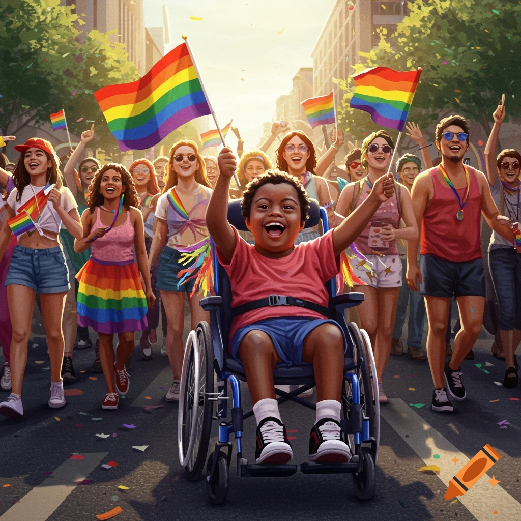 Cartoon child in wheelchair holding Israeli flag on Craiyon