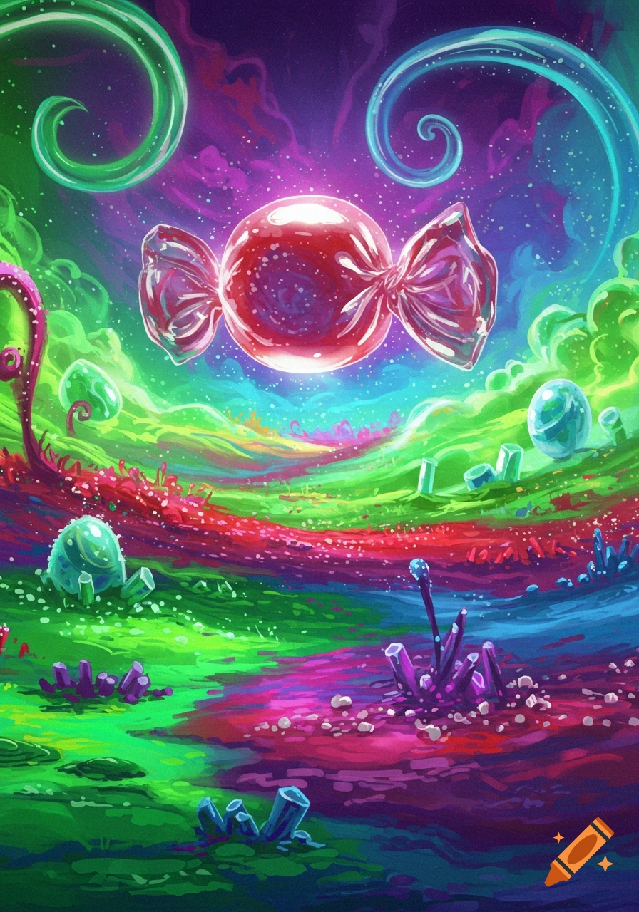 A vibrant dreamcore fantasy landscape with a large blue eye in a pastel ...