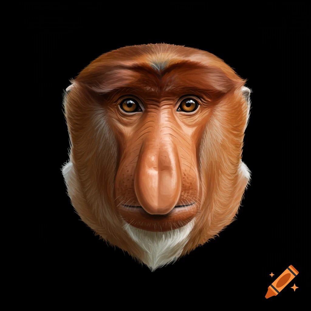A detailed illustration of a proboscis monkey's face with a large nose ...