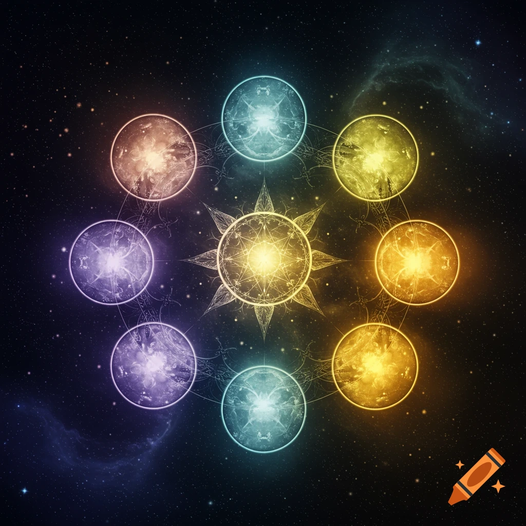 A glowing D20 die nested in a sparkling crescent moon against a ...