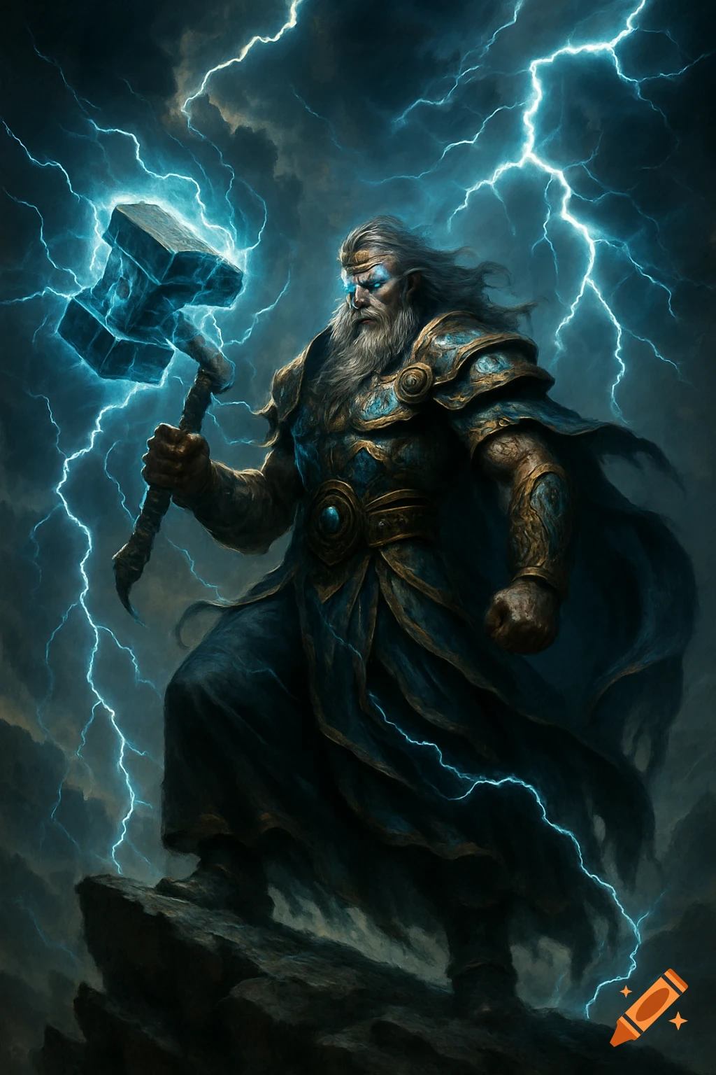 A muscular, tattooed Zeus with a white beard, golden crown, and grey ...