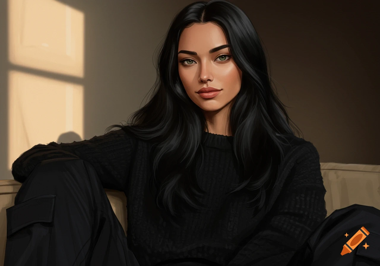 A woman with long dark hair wearing a black string body and patterned ...