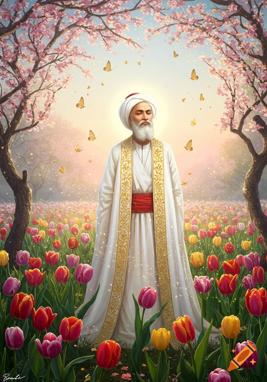 Hyper-realistic portrait of Rumi in traditional Sufi attire on Craiyon