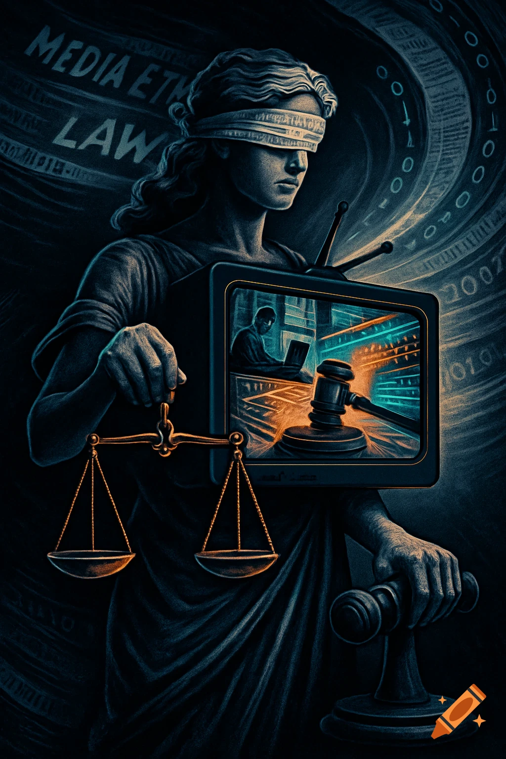 Scales of justice symbol within a wreath icon on Craiyon