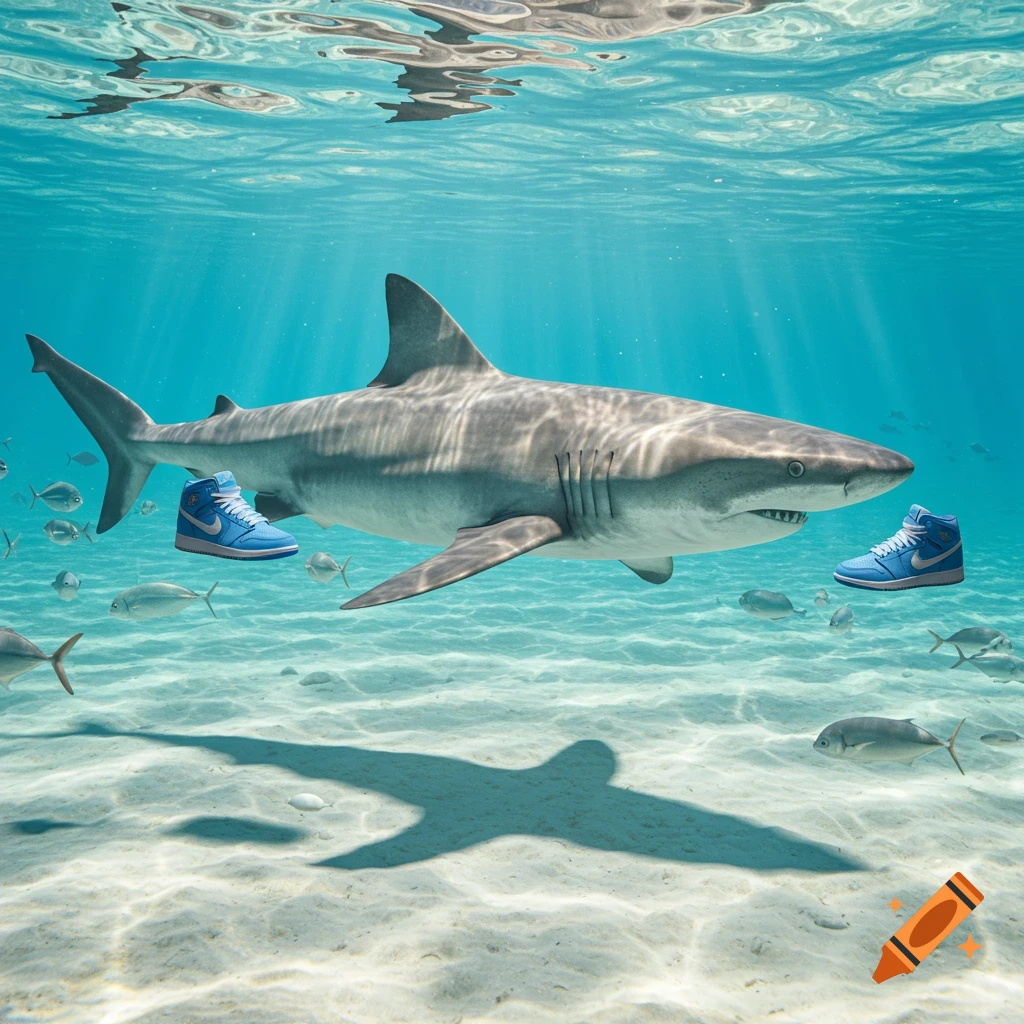 A great white shark swims underwater, holding three pairs of blue ...