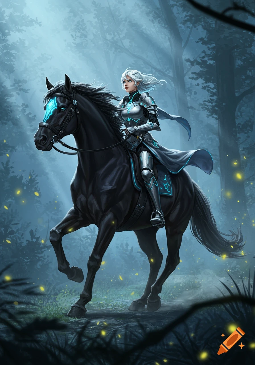 A fantasy warrior in armor rides a black horse through a mystical ...