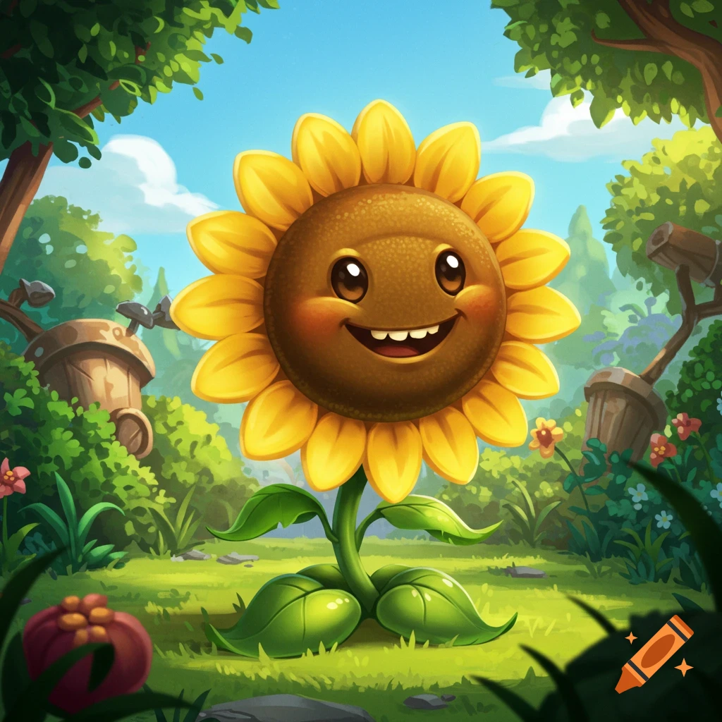 A cute, smiling cartoon sunflower from Plants vs. Zombies stands in a ...
