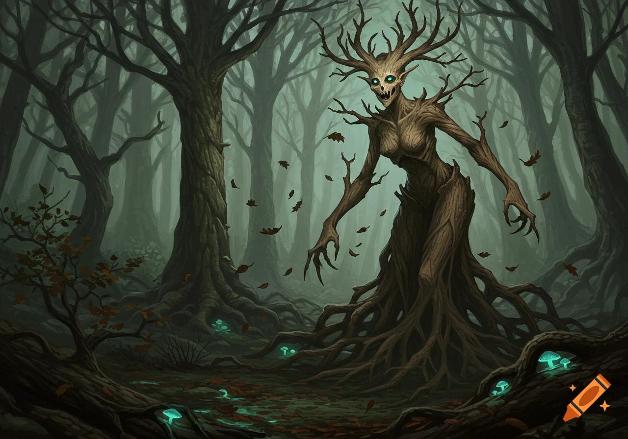 A red-haired dryad with antlers and pointed ears stands in a mystical ...
