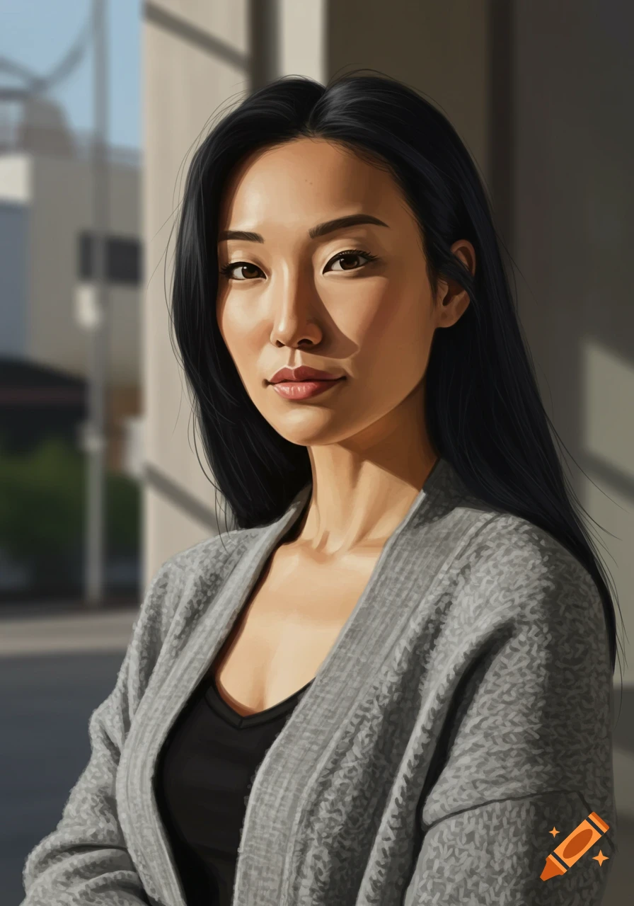 Realistic digital painting of an Asian woman with long black hair ...