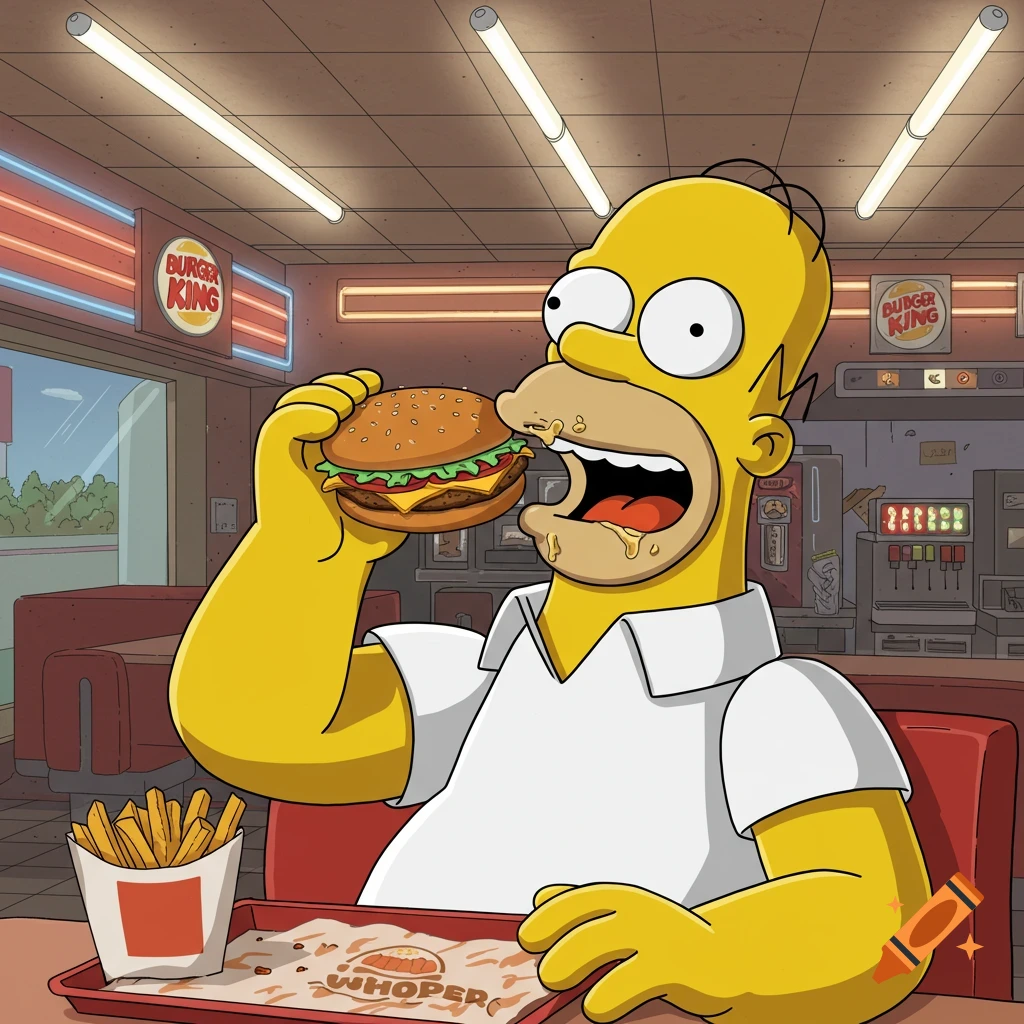 Cartoon Homer Simpson devouring a burger at a Burger King, with fries ...