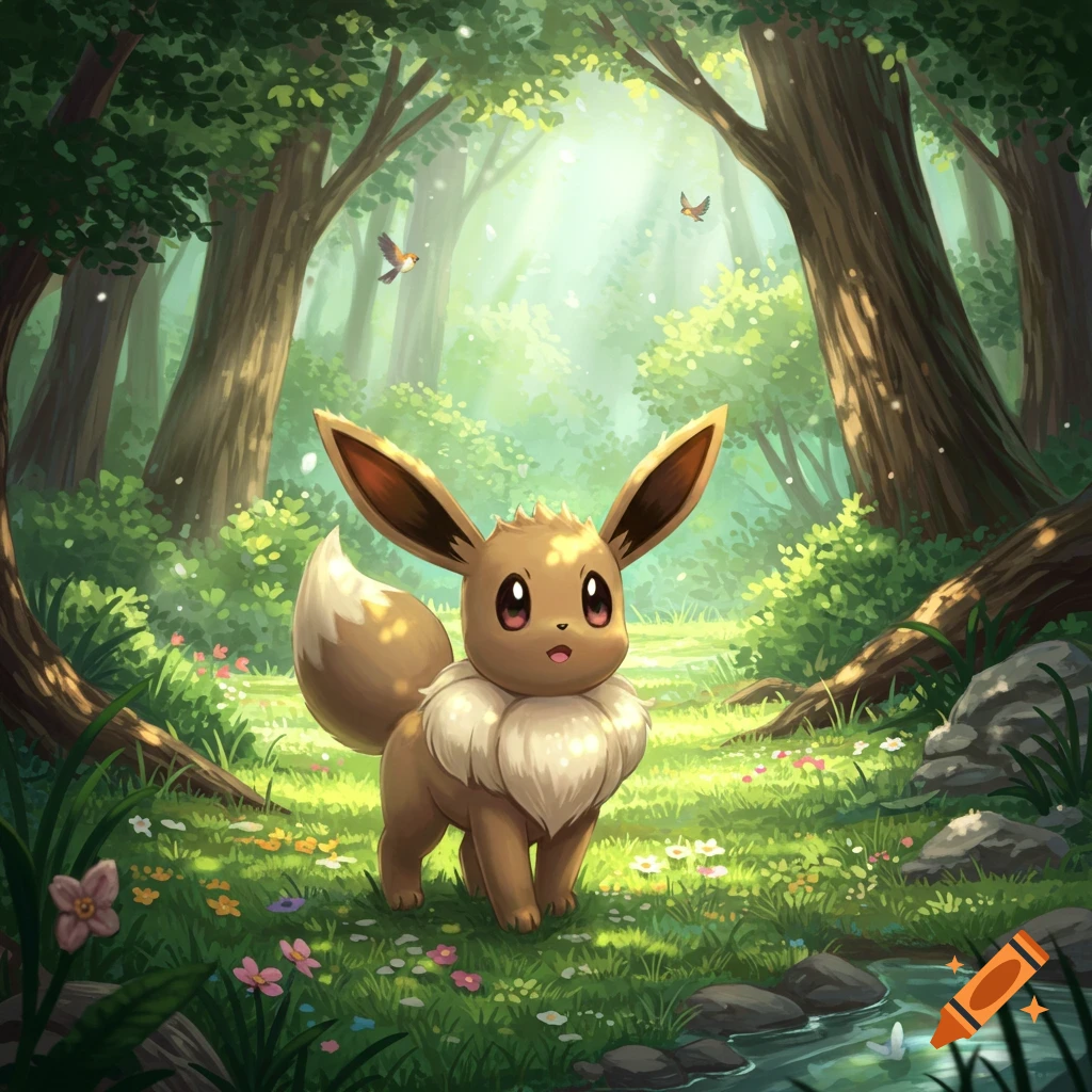 A cute Eevee with brown fur and a fluffy white collar stands in a sun ...