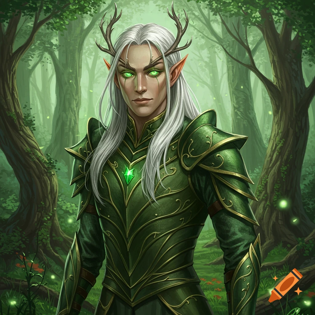 A male elf with blonde hair, green eyes, antler-like horns, wearing green armor, holding a ...