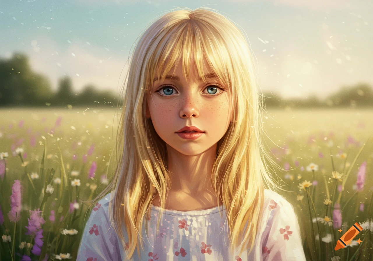 Digital painting of a young woman with long, wavy blue hair and blue ...