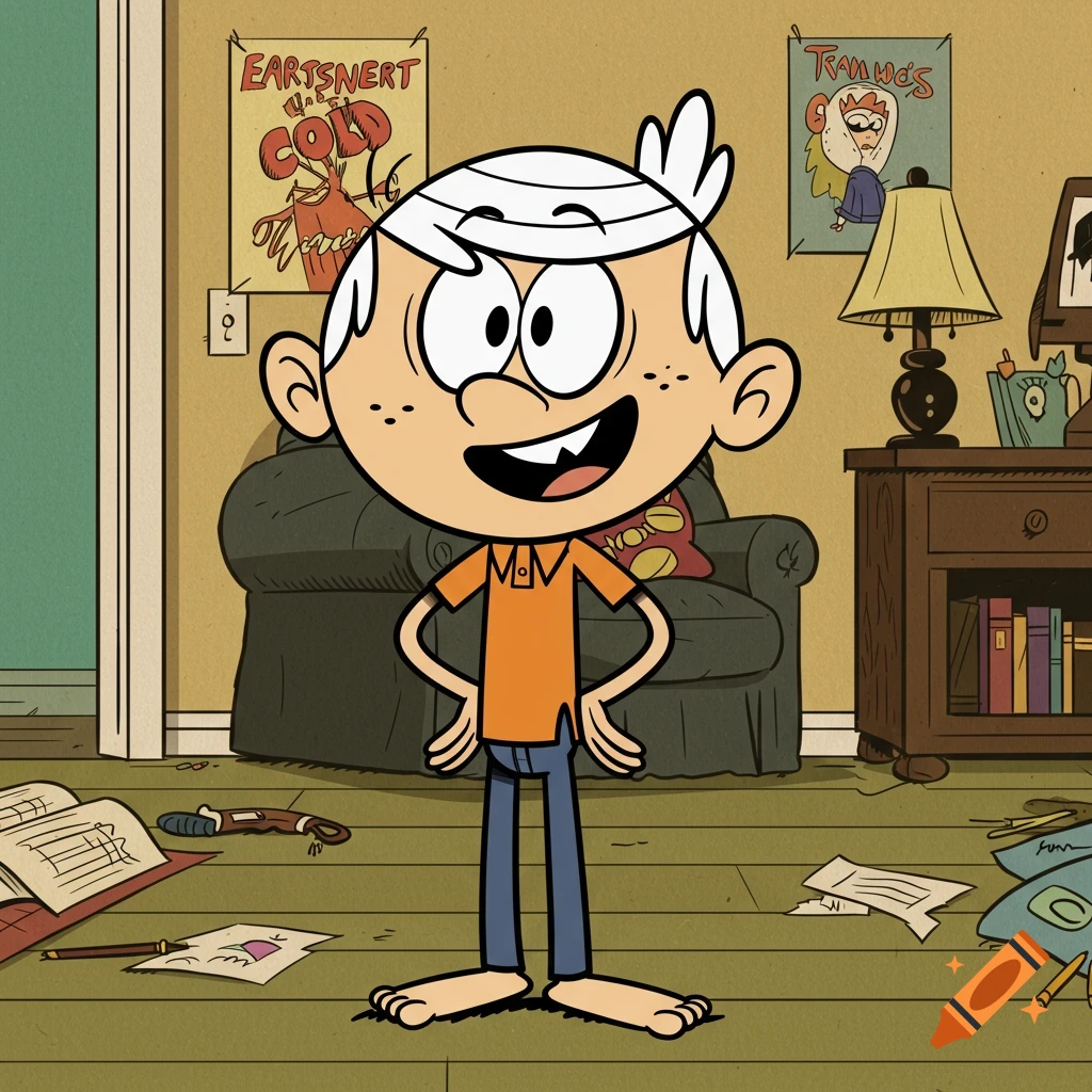 Lincoln Loud, a cartoon boy with white hair, an orange polo, and jeans ...