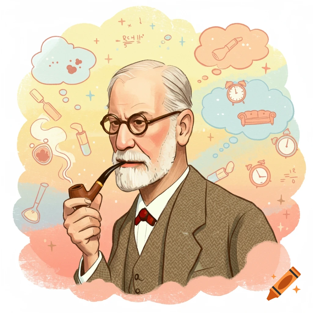 A cartoon portrait of Sigmund Freud, smoking a pipe, surrounded by ...