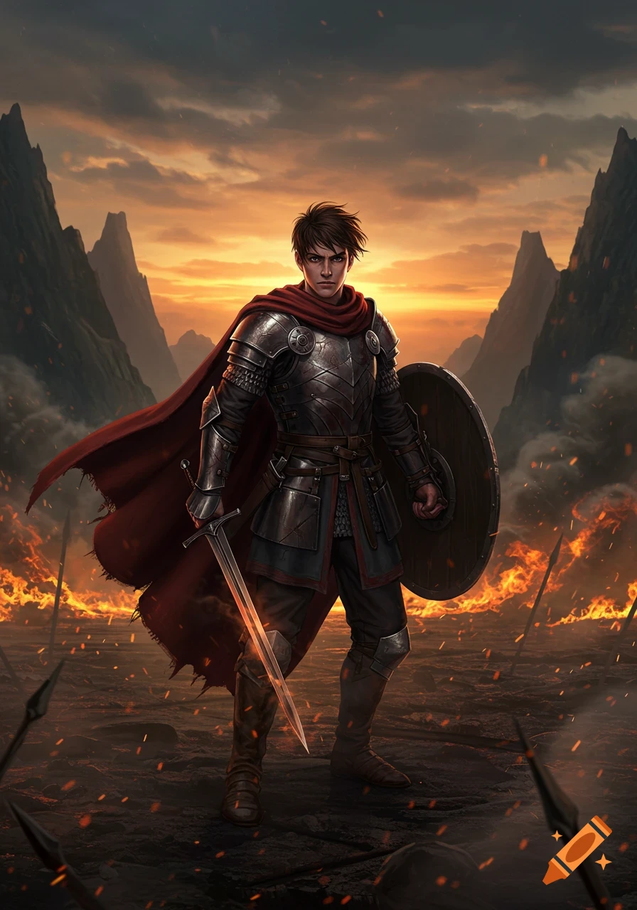 A stoic medieval warrior in detailed bronze armor and a red cape stands ...