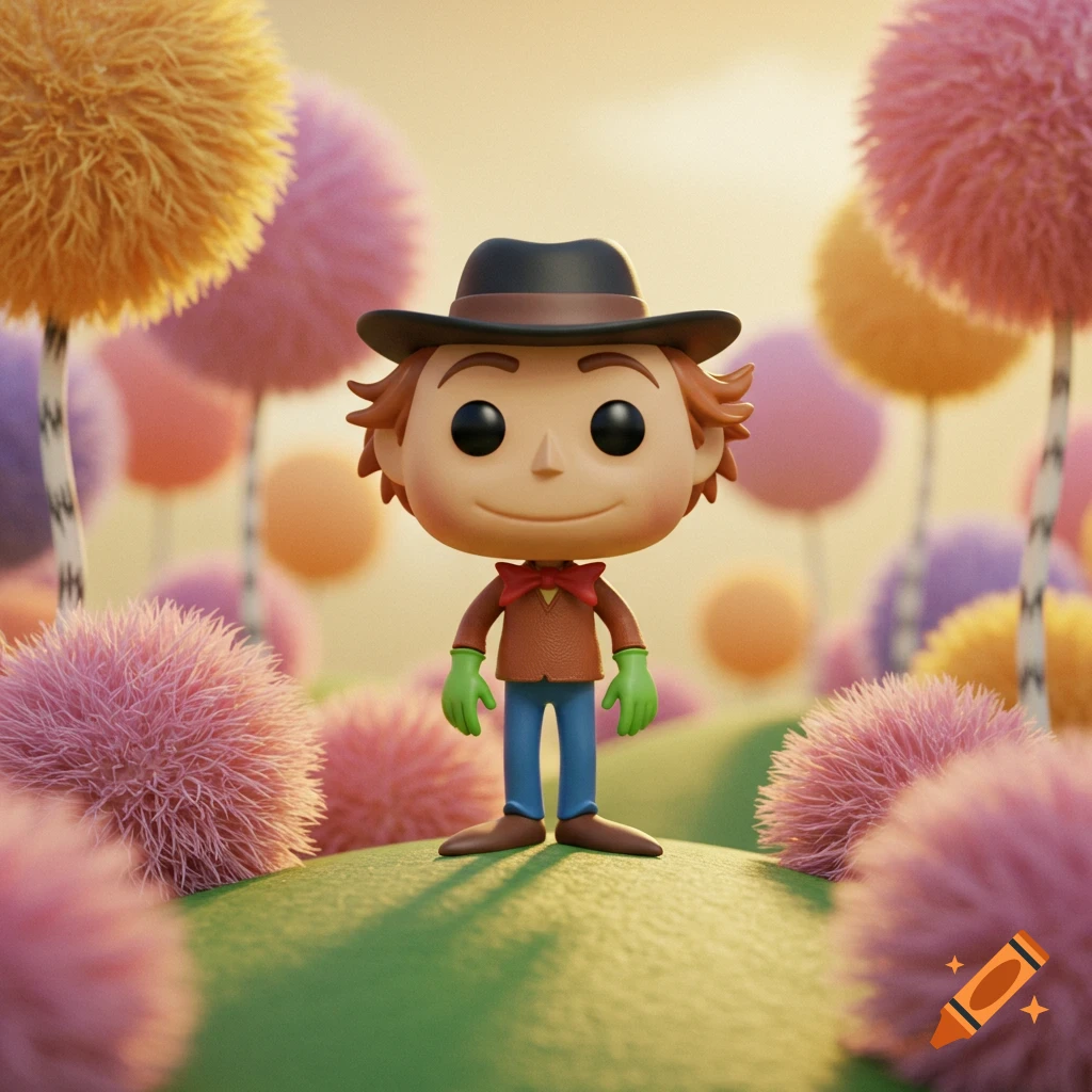 A Funko Pop-style Once-ler figure in a hat, brown jacket, and green ...