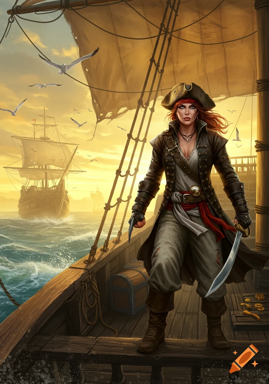 Blonde female pirate in a leather corset and tan hat, standing on a ...