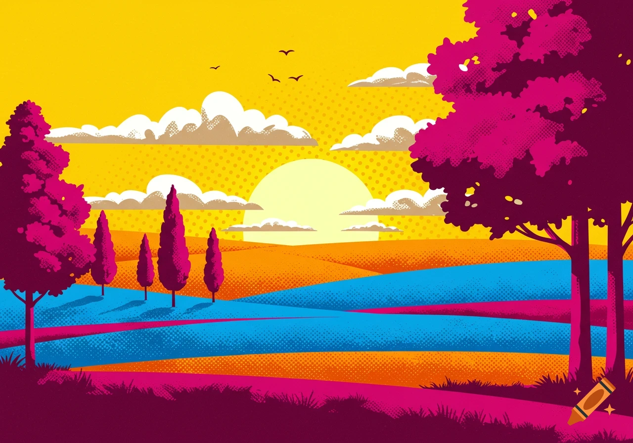 Vibrant pop art landscape with a yellow sky, a bright sun, white clouds ...