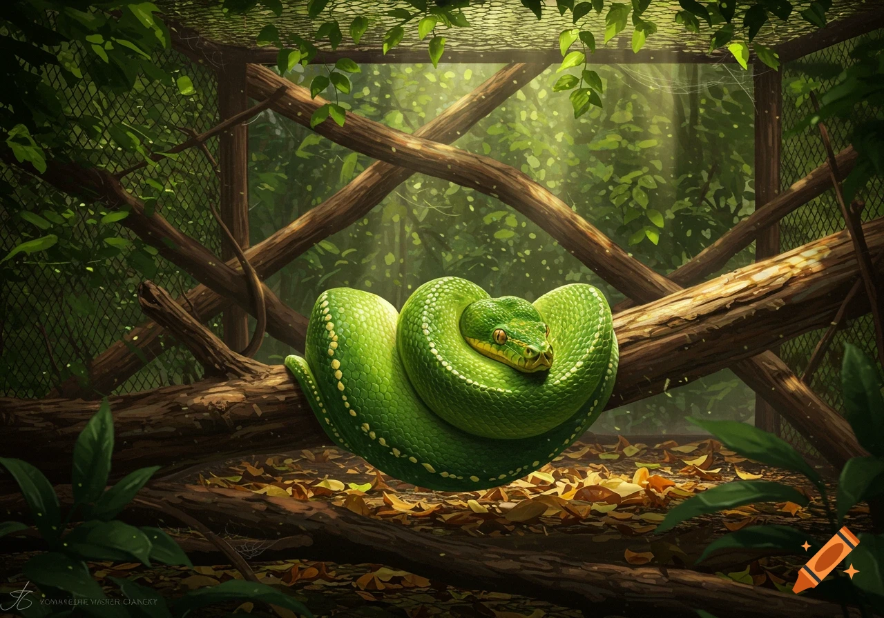 A vibrant green snake coiled in a lush, sun-dappled tropical jungle ...
