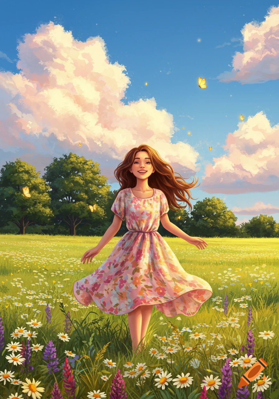 Happy, red-haired woman in a sunflower sundress spinning joyfully in a ...