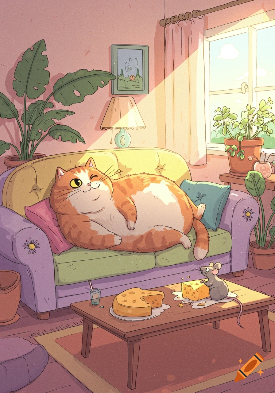 An anime-style illustration of a cheerful girl dancing in a chaotic ...