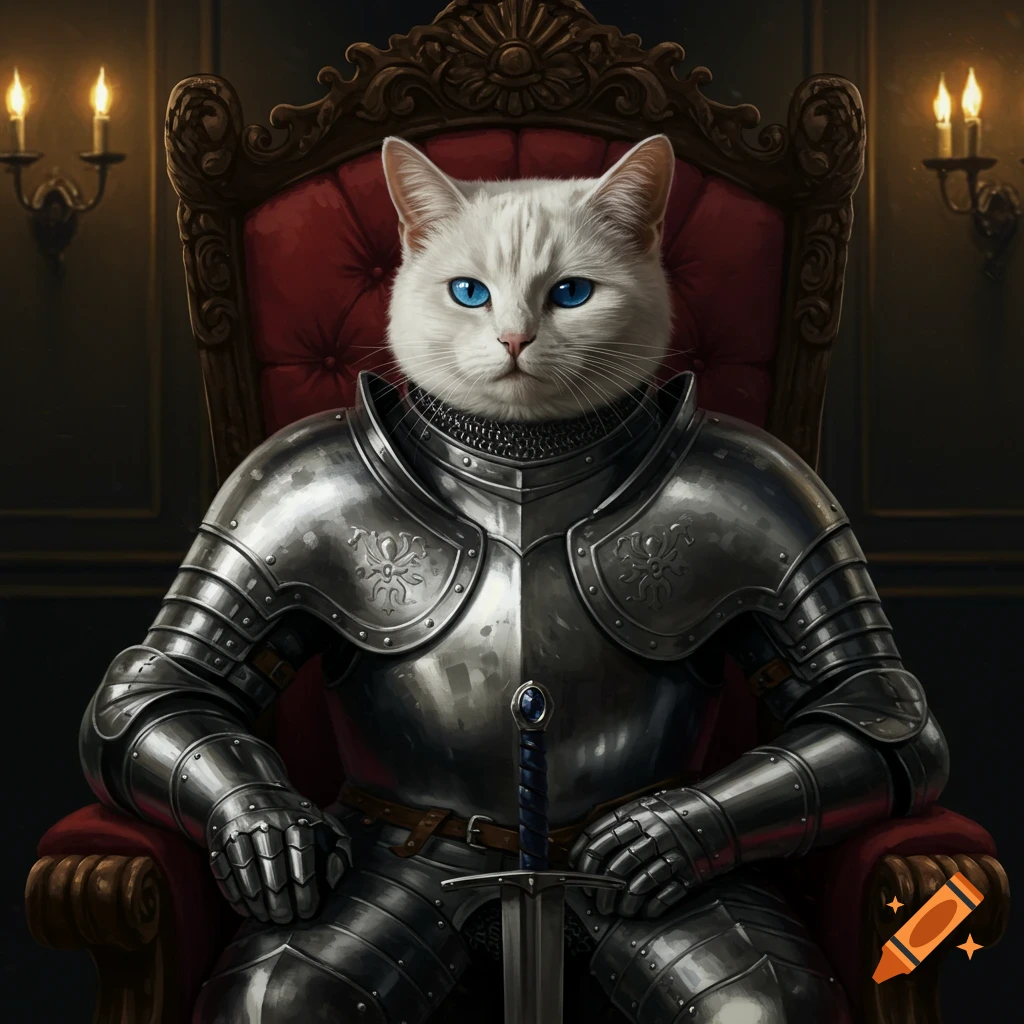 Photorealistic portrait of a grey cat with green eyes in a decorated ...