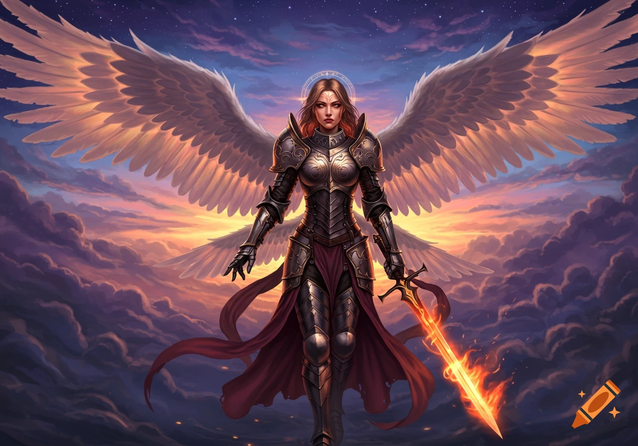 A red-haired female warrior with large red wings and silver armor ...