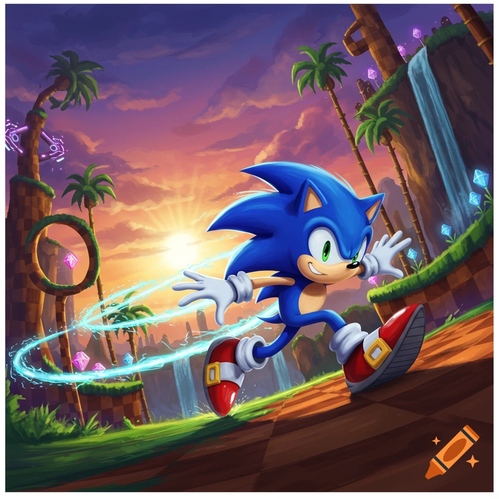 Sonic the Hedgehog runs through a vibrant, stylized landscape with palm ...