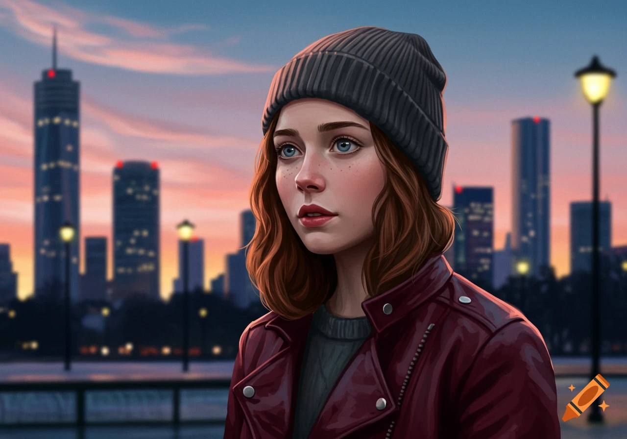 Digital art portrait of a short-haired woman in a leather jacket ...