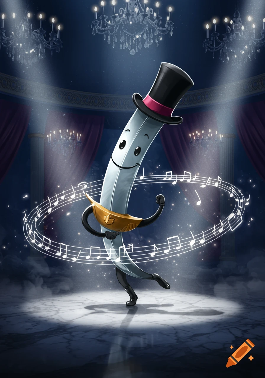 Cartoon Alice Angel in a tuxedo and top hat tap dancing on a grand ...