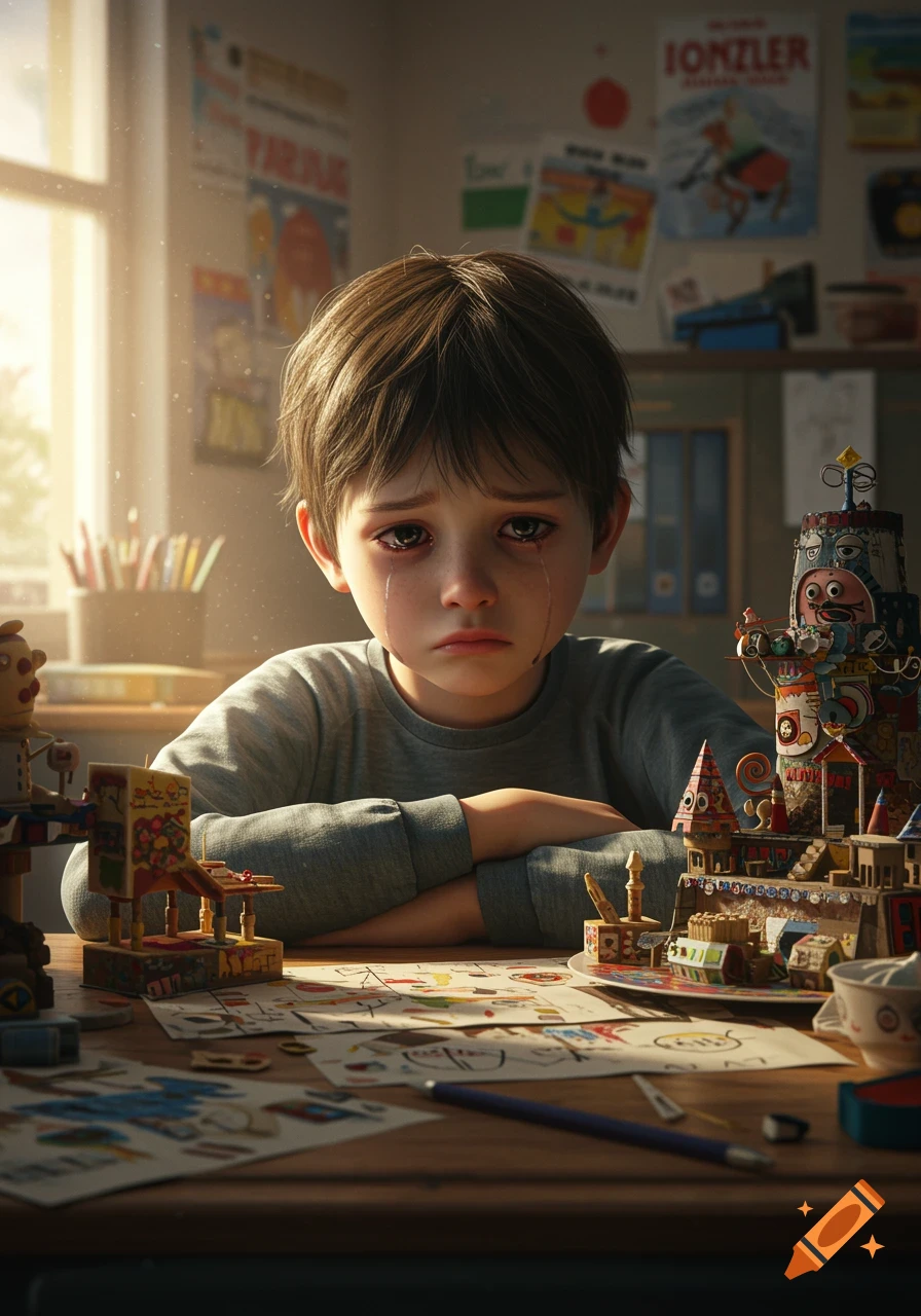 A young Asian girl in a white apron sculpts a black clay lion at a ...