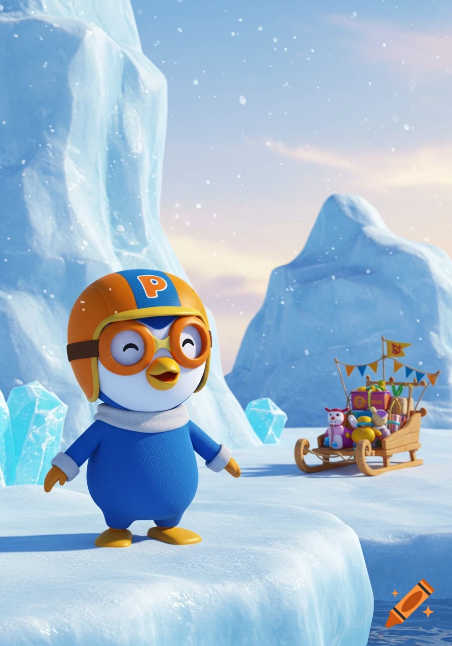 A smiling cartoon penguin, Pororo, in a blue suit and orange helmet ...