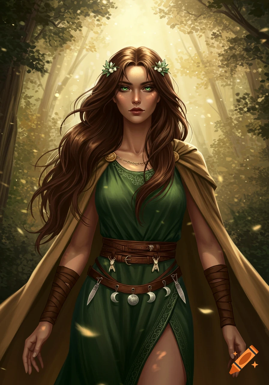 A strong-looking woman with brown hair and a green dress stands in a ...