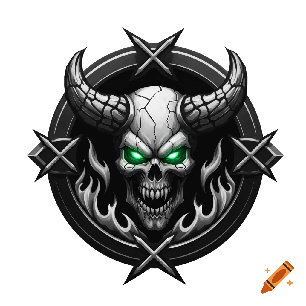 A black and white circular gaming icon of a stylized, cracked demon ...